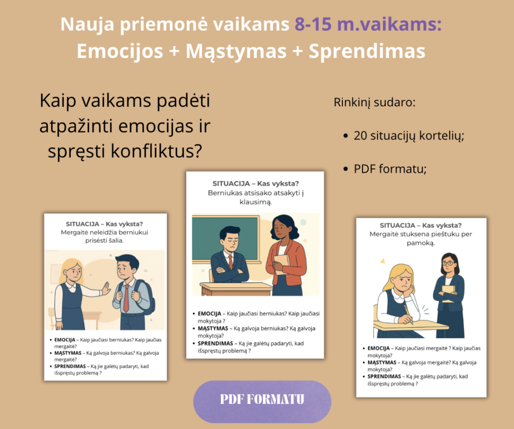 Situacijų kortelės vaikams „SITUACIJA – EMOCIJA – MĄSTYMAS – SPRENDIMAS ...